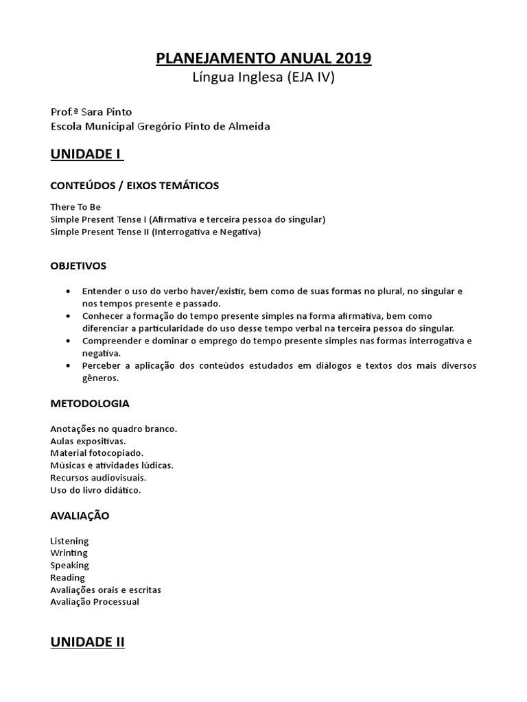 Planejamento Anual Inglês EJAIV 2019 | PDF | Linguística | Idiomas