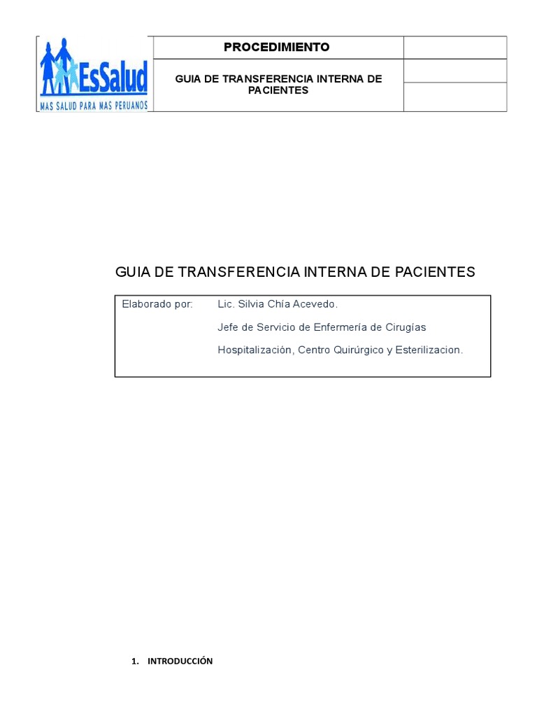Guia De Transferencia Interna De Pacientes: Procedimiento | Historial ...
