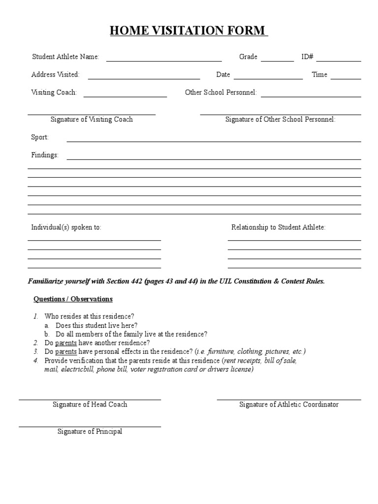 Home Visitation Form for Student Athletes | PDF