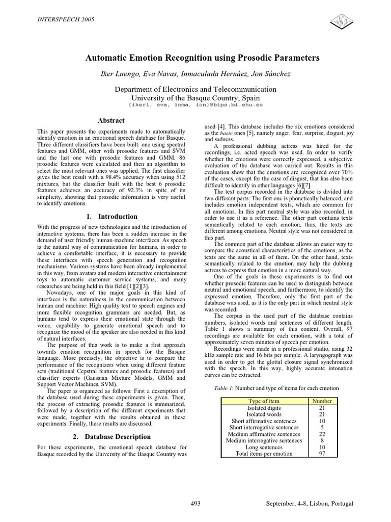 Automatic Emotion Recognition Using Prosodic Parameters | PDF | User Interface | Speech