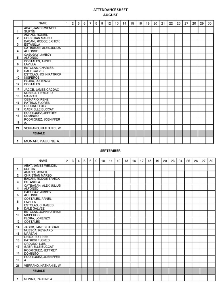 August: Attendance Sheet | PDF