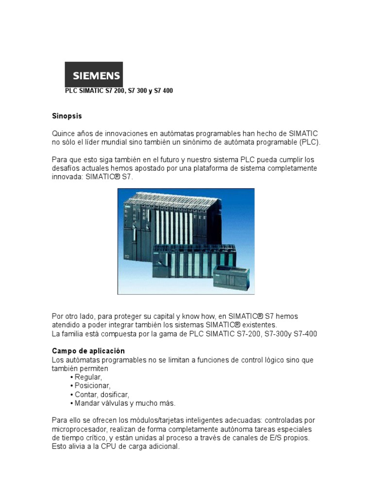 Sinopsis: PLC SIMATIC S7 200, S7 300 y S7 400 | PDF | Controlador ...