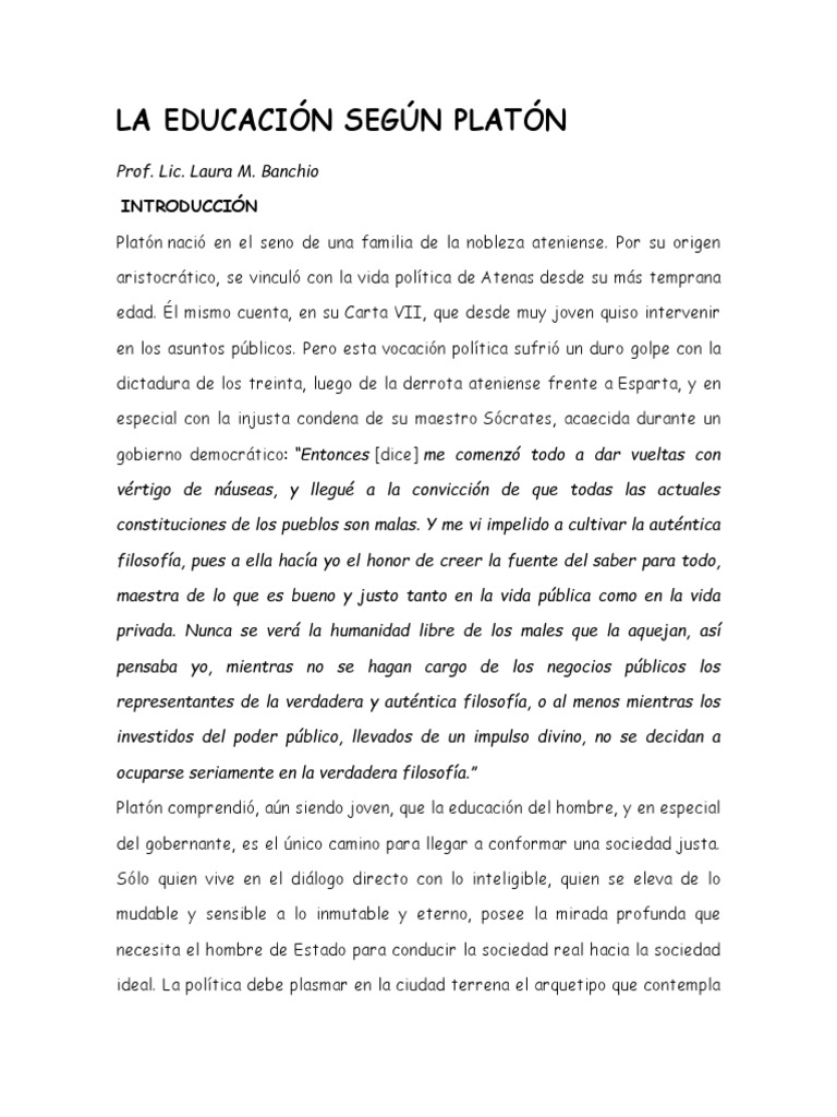 La Educación Según Platón Banchio Pdf Platón Conocimiento