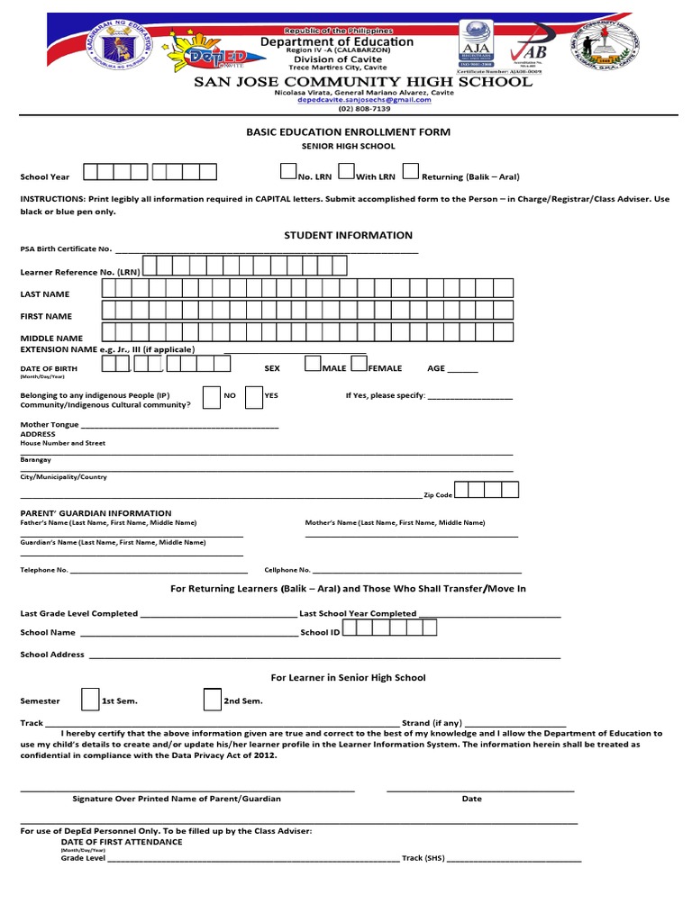 Basic Education Enrollment Form: For Returning Learners (Balik - Aral ...
