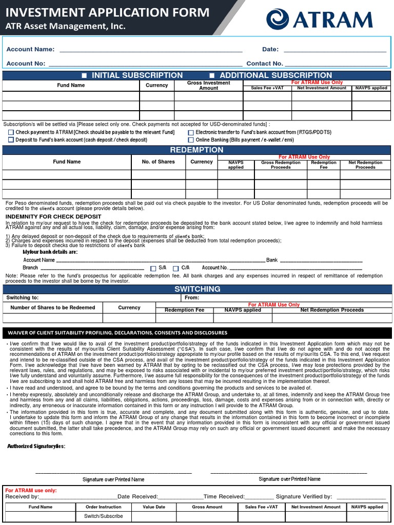 ATRAM Investment Application Form | PDF | Investment Fund | Deposit Account
