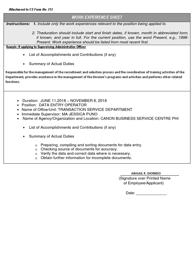 Work Experience Sheet: Instructions: 1. Include Only The Work ...