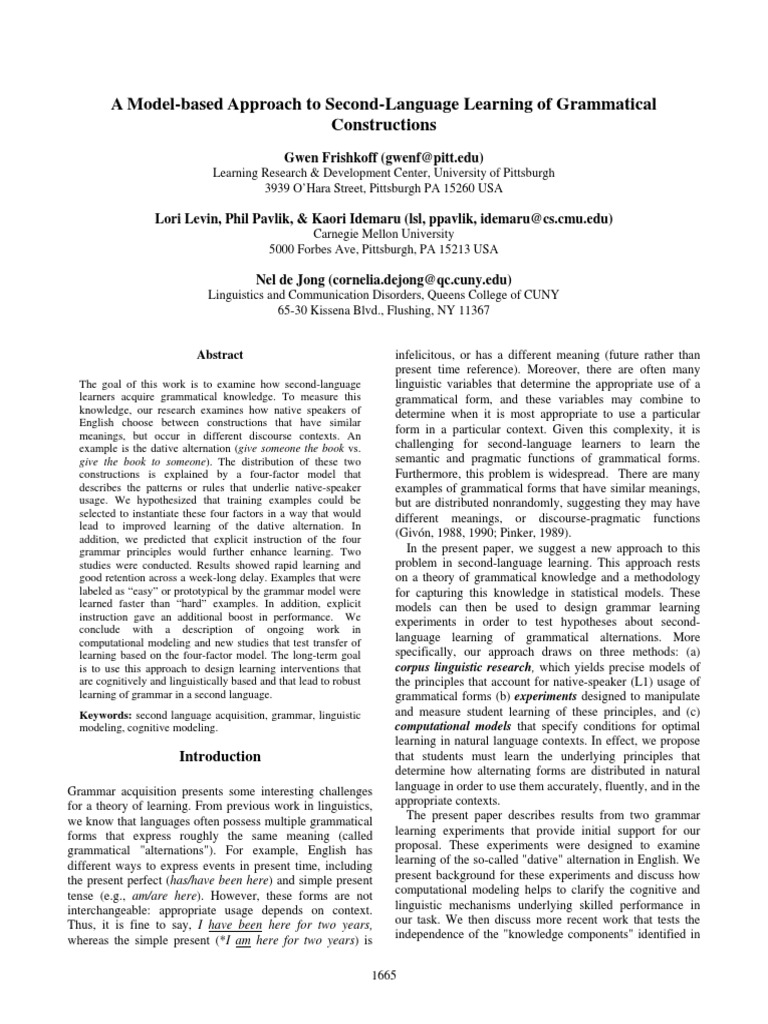 A Model-Based Approach To Second-Language Learning of Grammatical Constructions | PDF | Second ...