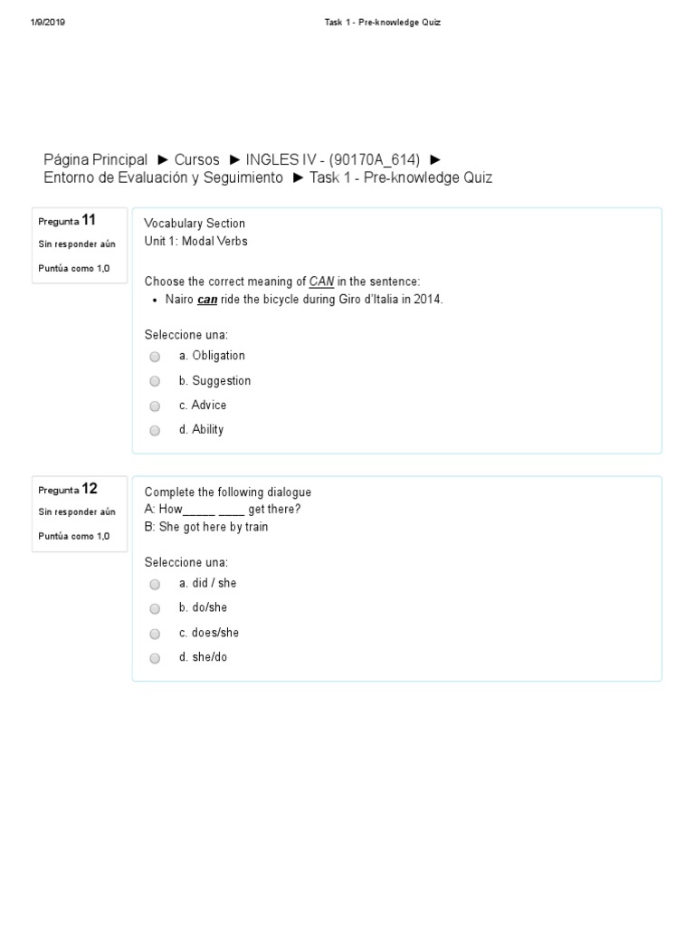 Pre-Knowledge Quiz: English IV Tasks | PDF | Syntax | Syntactic ...