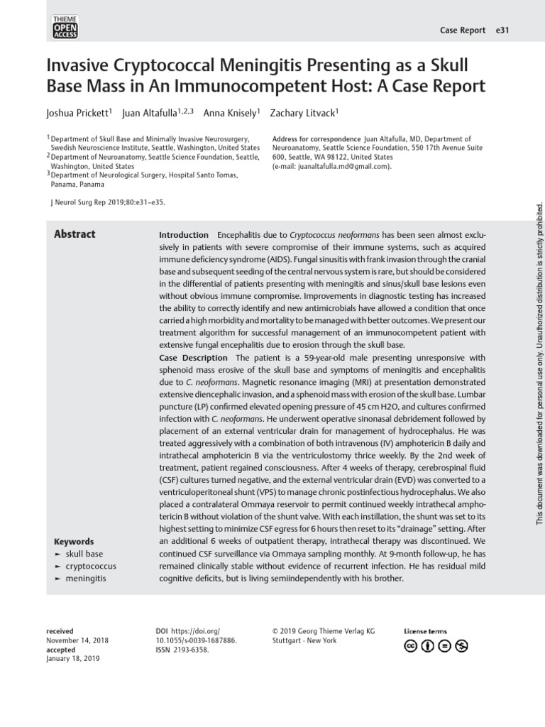 Invasive Cryptococcal Meningitis Presenting As A Skull Base Mass in An ...
