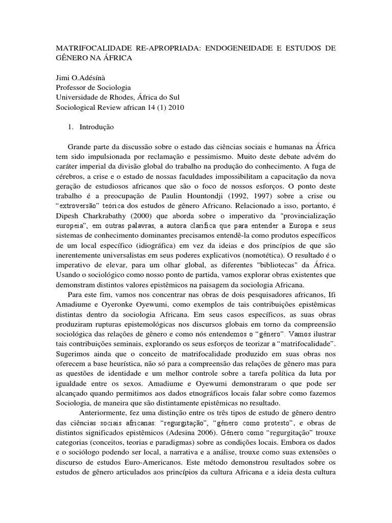 ADESINA, Jimi. Matrifocalidade Re-Apropriada | PDF | Patriarcado | Gênero