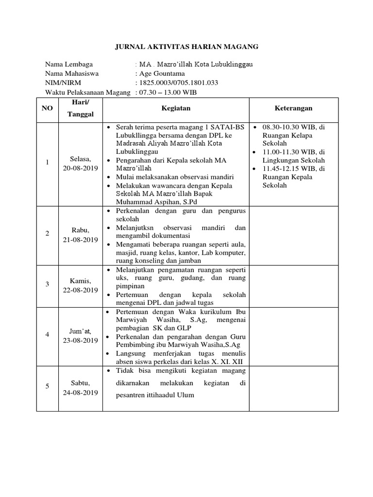 Jurnal Aktivitas Harian Magang | PDF