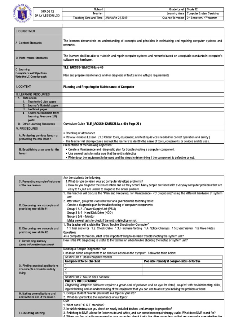 Grade 12 Computer Diagnostic Plan | PDF | Troubleshooting | Computer ...