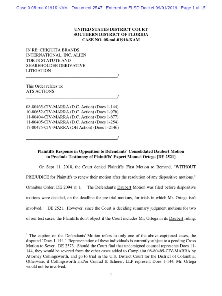 Chiquita Response in Opposition To Daubert Challenge of Manuel Ortega ...