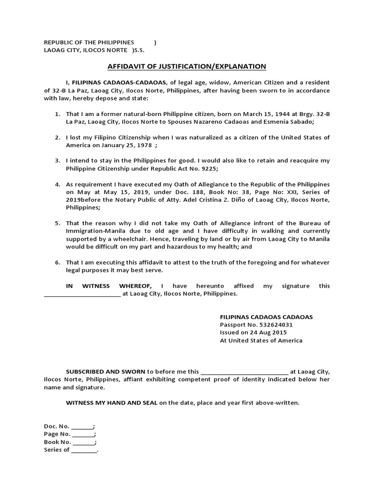 Affidavit Of Justification/Explanation: IN Witness Whereof, | Affidavit ...