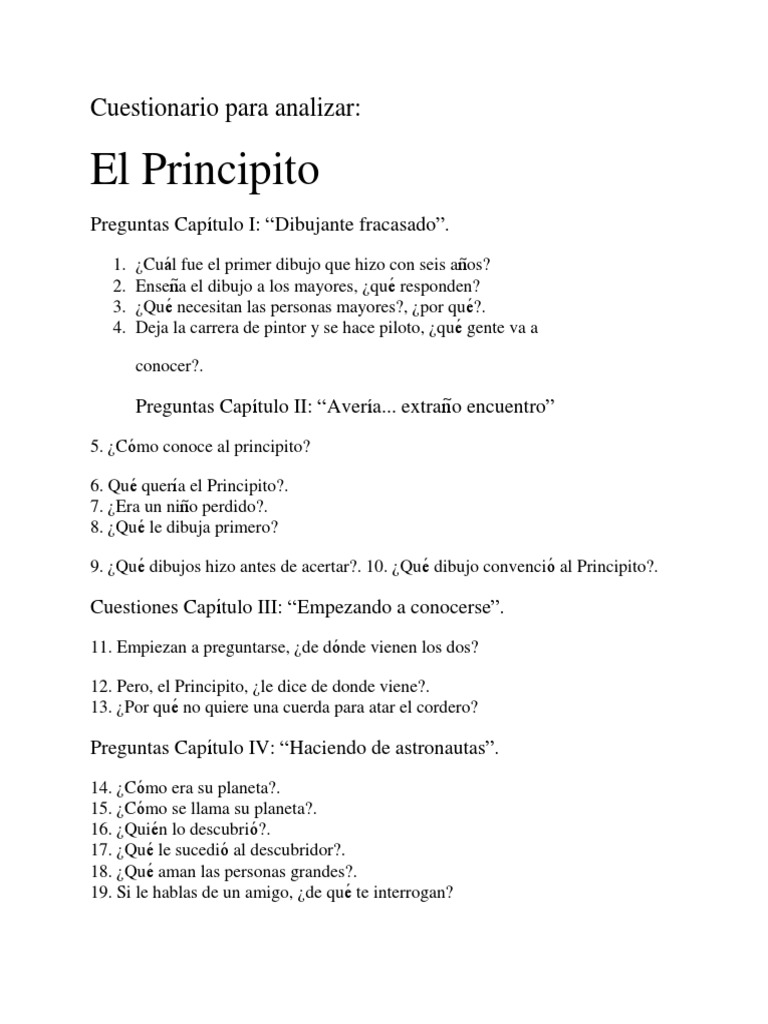 Preguntas de Analisis Del Principito Por Capitulo | PDF | El Principito ...