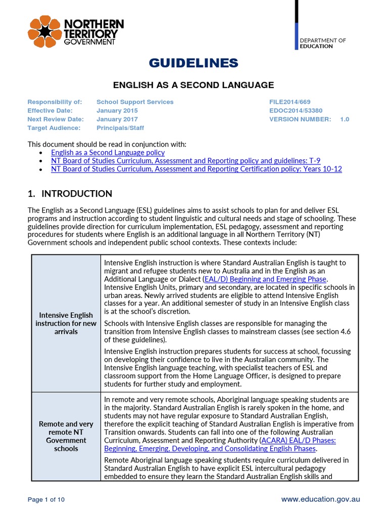 English As A Second Language Guidelines | PDF | English As A Second Or ...