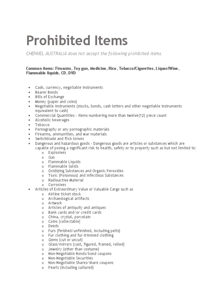 Prohibited Items: CHENVEL AUSTRALIA Does Not Accept The Following ...
