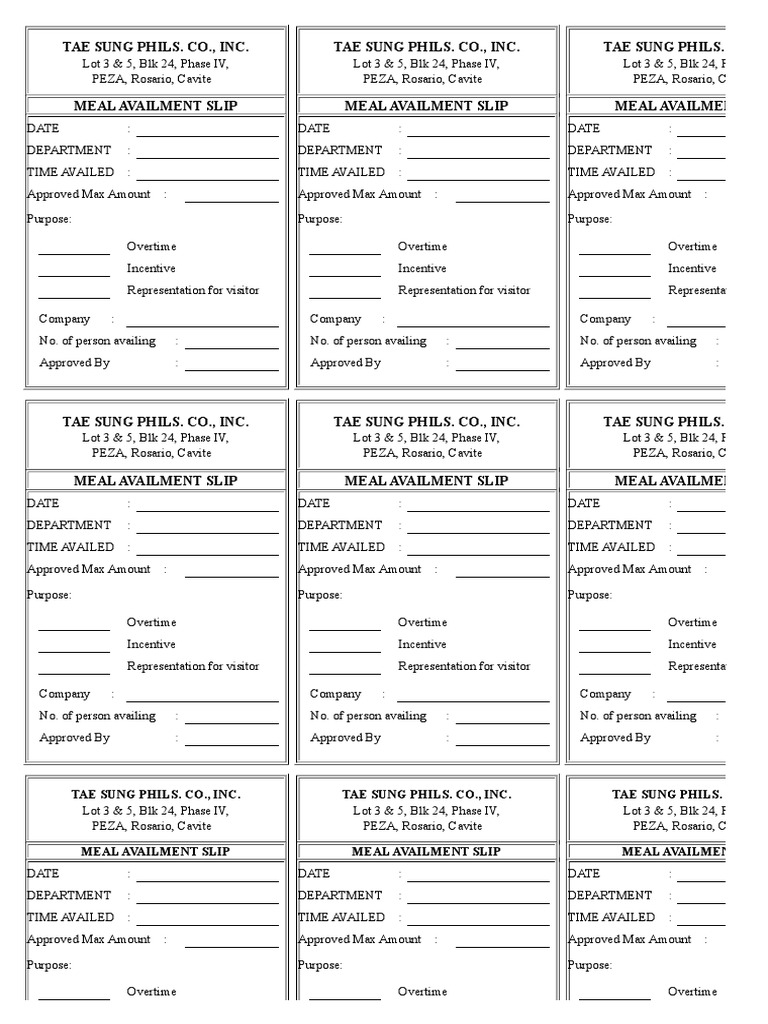 Tae Sung Phils Meal Availment Form | PDF