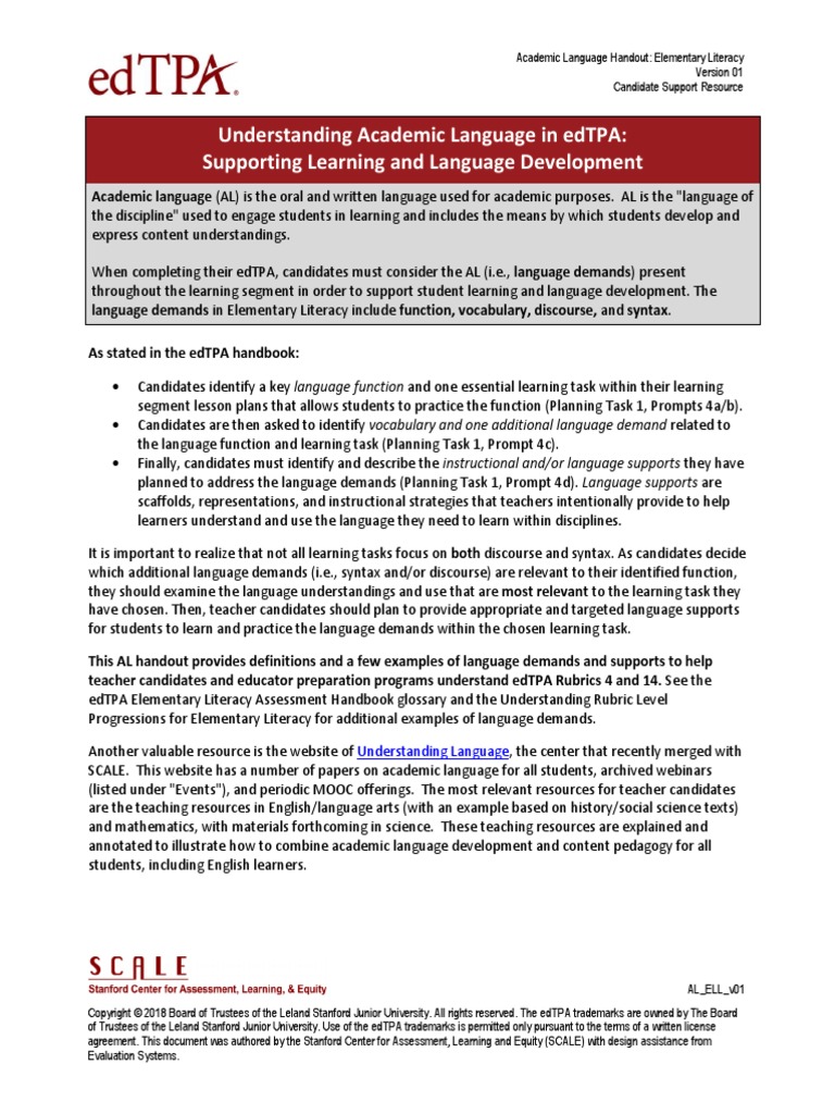 Elementary Literacy Academic Language For Edtpa | PDF | Behavior ...