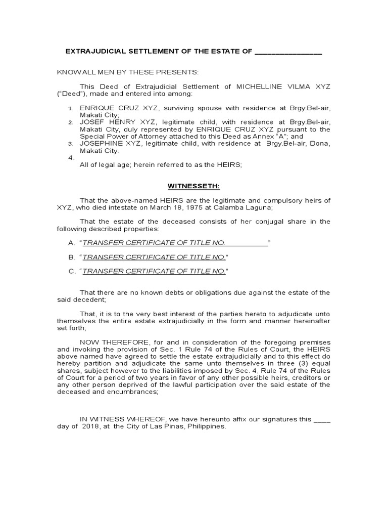 Extrajudicial Settlement Estate | PDF | Inheritance | Deed