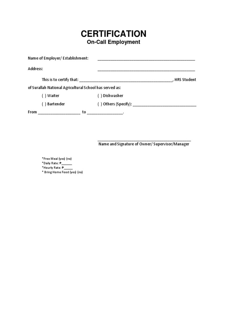 CERTIFICATION On Oncall Employment | PDF | Career & Growth | Business