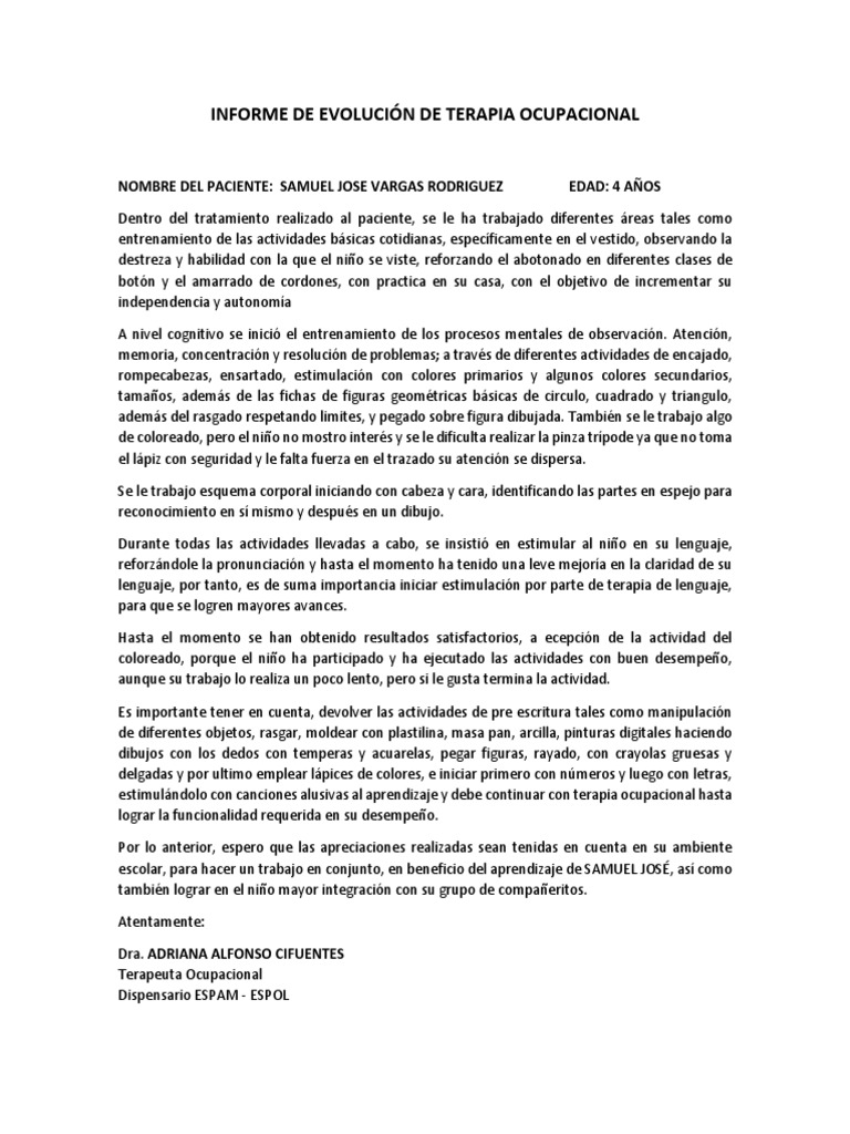 Informe de Evolución de Terapia Ocupacional | PDF | Terapia ocupacional ...