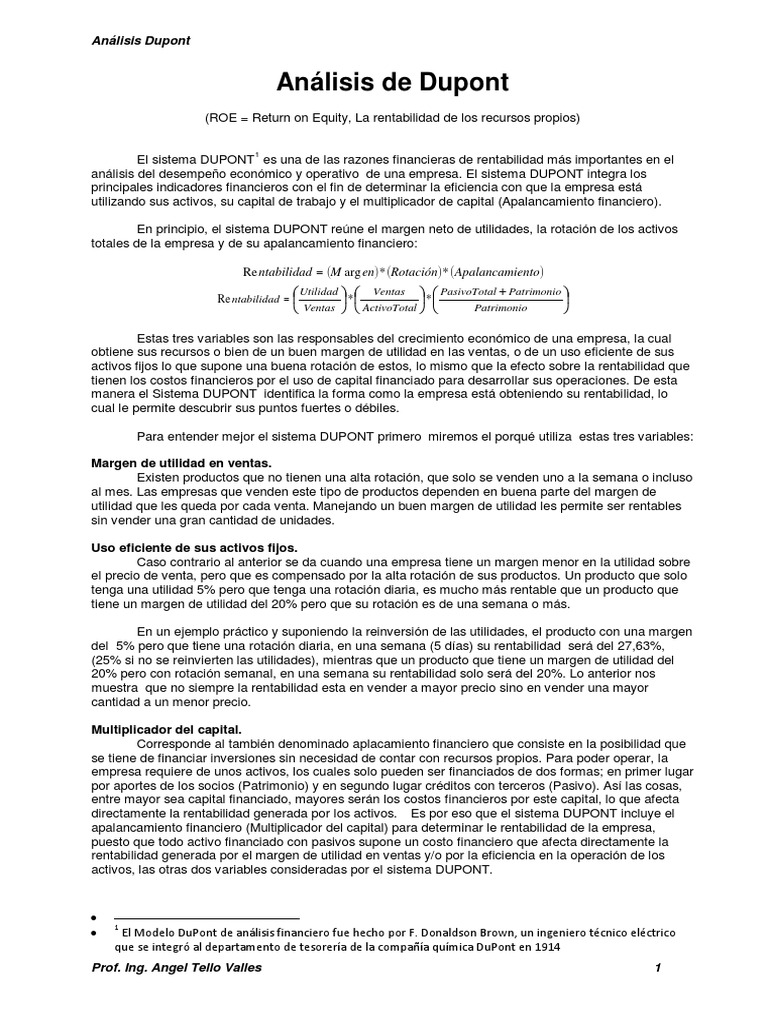 03-Análisis de Dupont PDF | PDF | Rentabilidad sobre recursos propios | Apalancamiento (Finanzas)