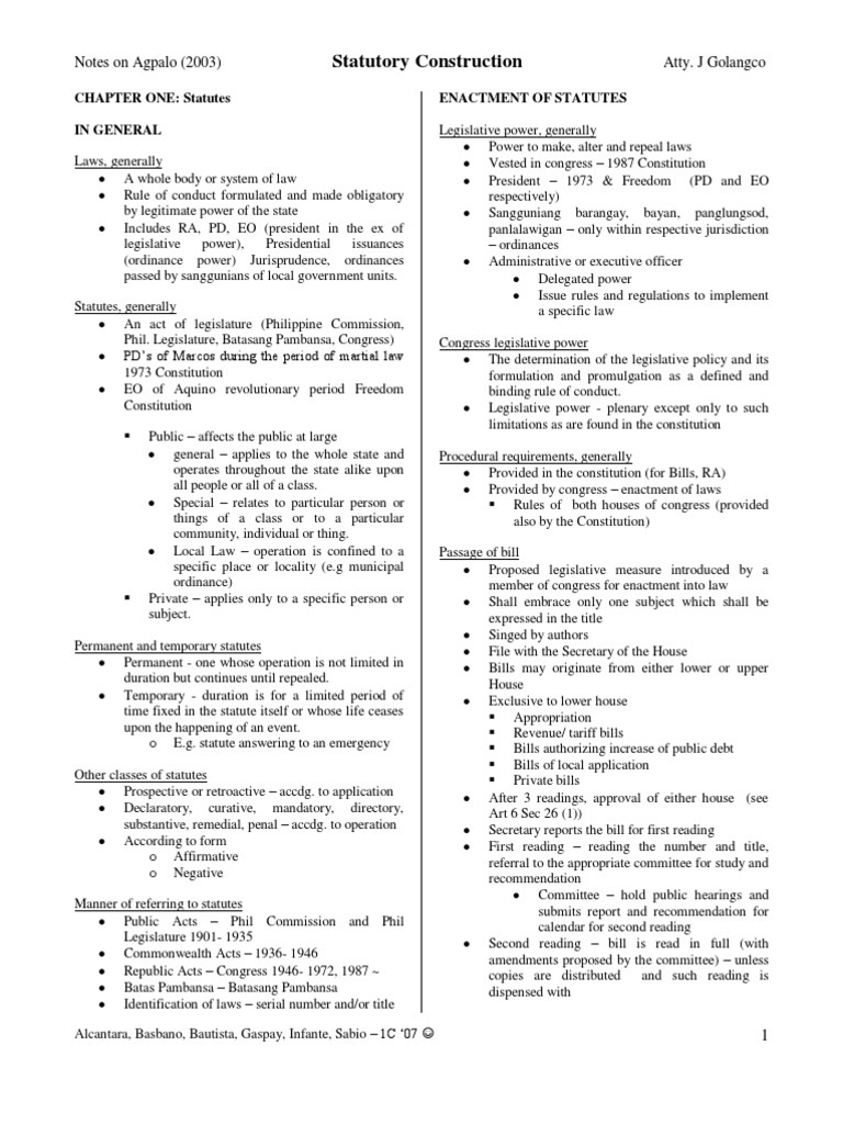 Statutory Construction - First Half | PDF | Bill (Law) | Statutory ...