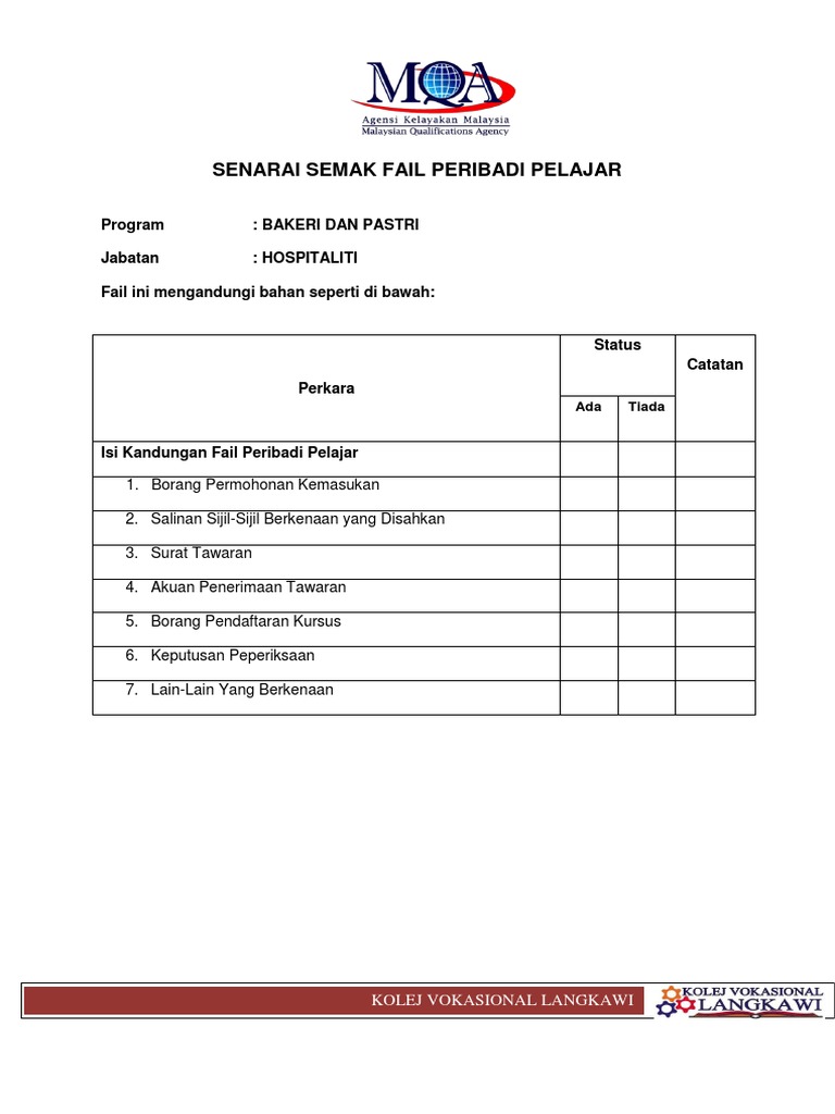 Senarai Semak Fail Peribadi Pelajar | PDF