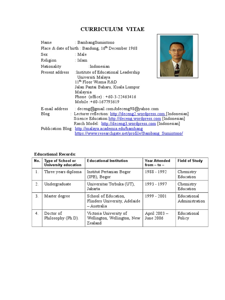 CV Bambang Sumintono June 2015 | PDF | Thesis | Doctor Of Philosophy