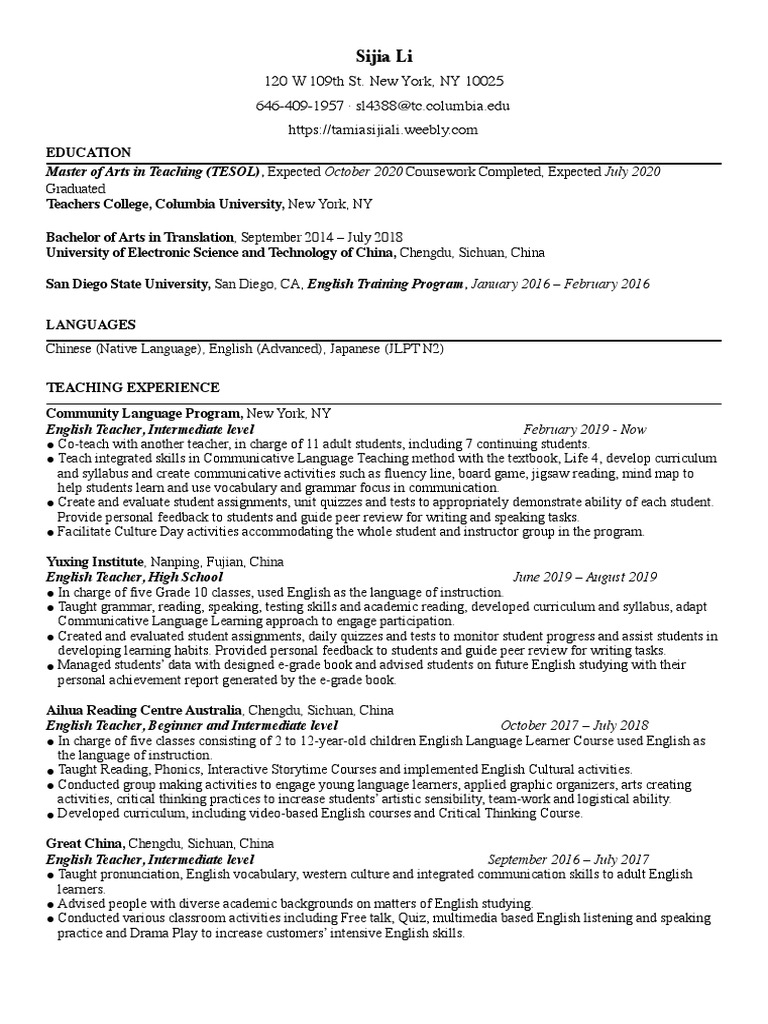 Sijia Li-Cv | PDF | Educational Technology | English As A Second Or ...