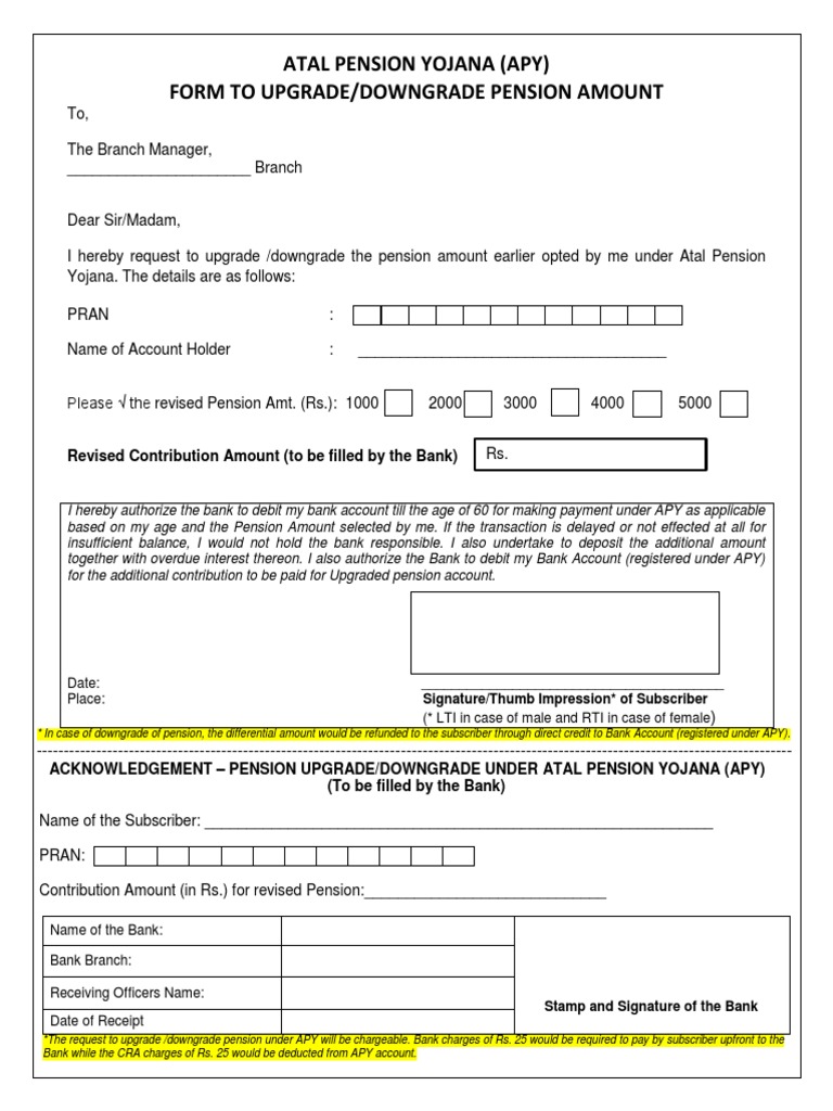 Atal Pension Yojana (Apy) Form To Upgrade/Downgrade Pension Amount ...