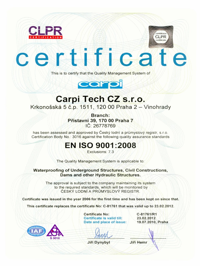 Carpi Tech CZ ISO 9001 Certificate | PDF