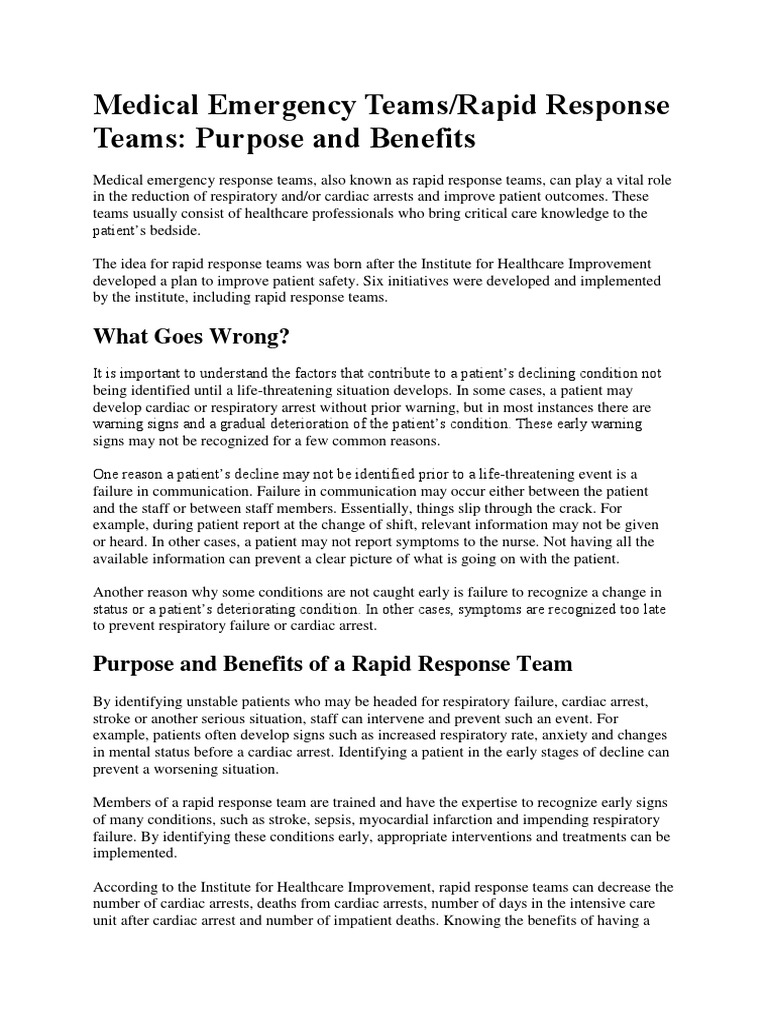 Purpose and Benefits of Rapid Response Teams | PDF | Myocardial ...