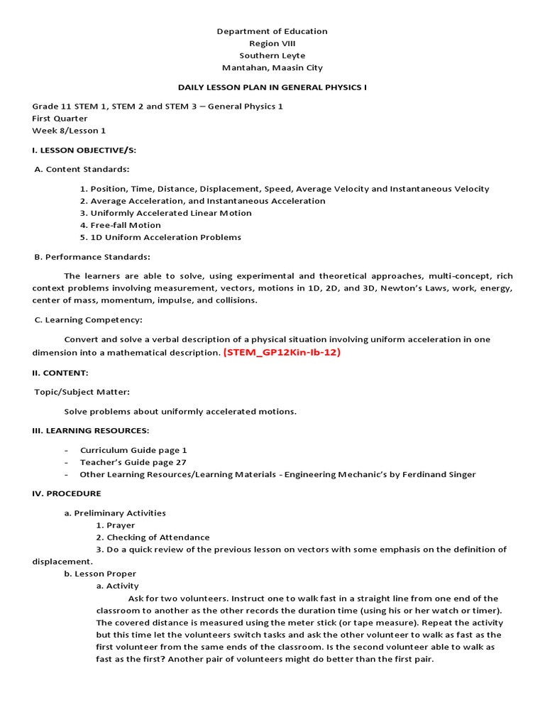 Physics 1 Lesson on Uniformly Accelerated Motion | PDF | Acceleration ...