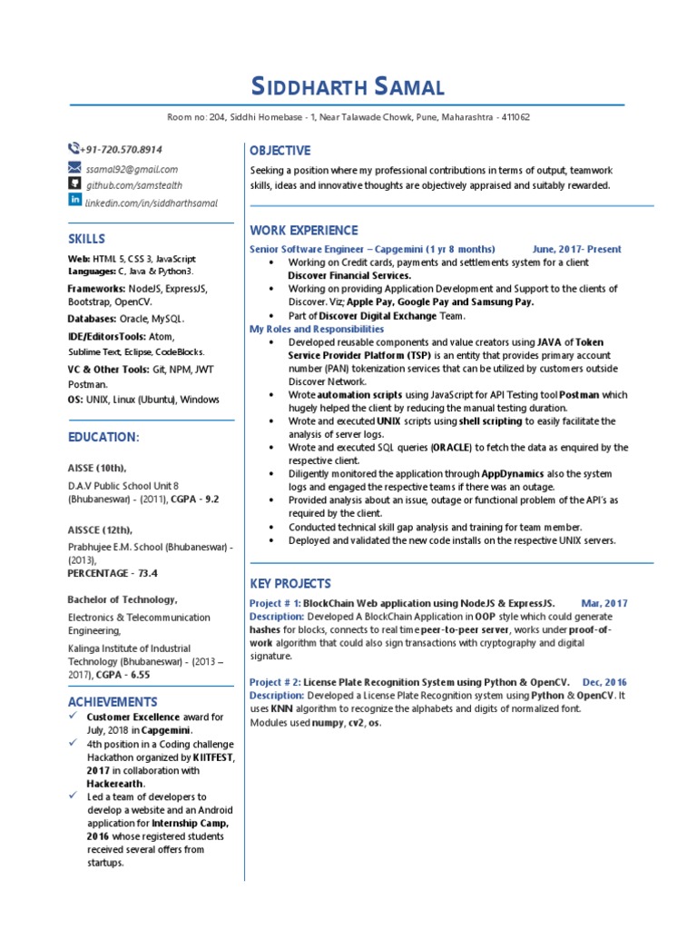 Siddharth Samal Resume | PDF | Scripting Language | Java Script