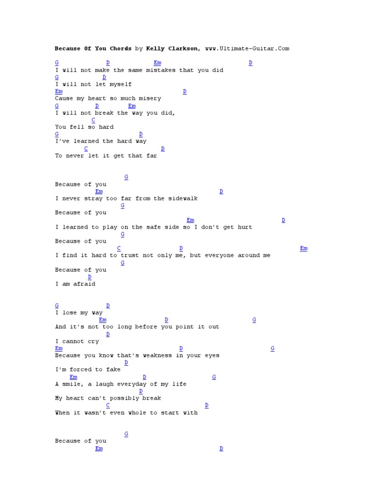 Kelly Clarkson Because Of You Guitar Chords