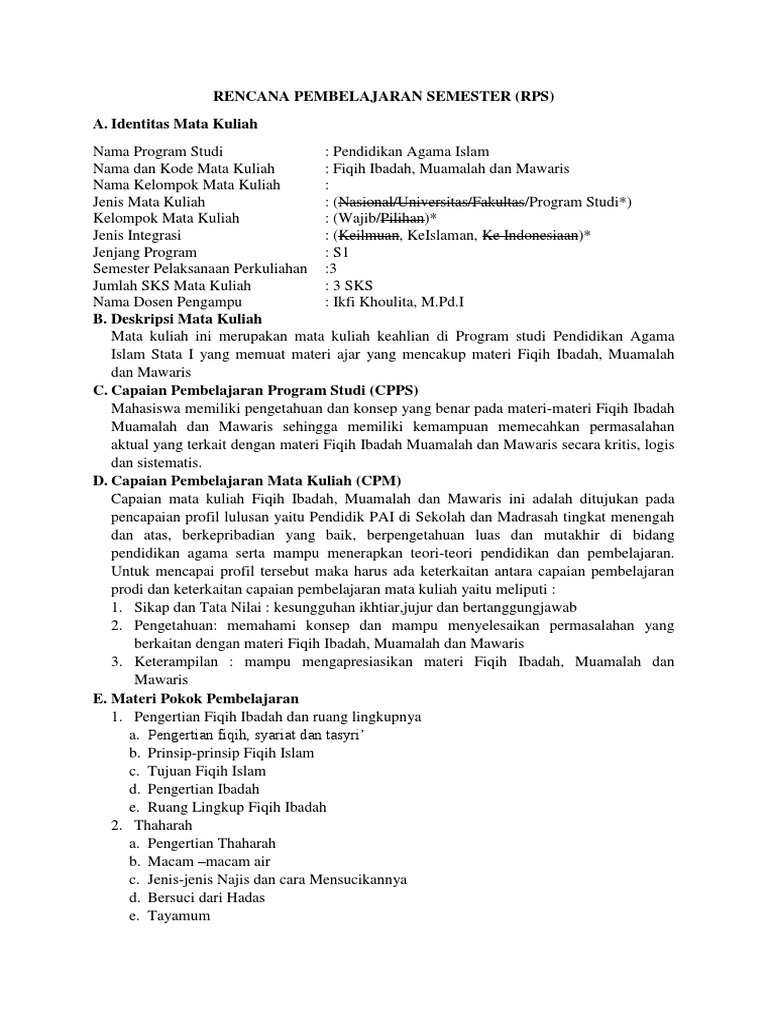 RPS Fiqih Ibadah, Muamalah Dan Mawaris | PDF