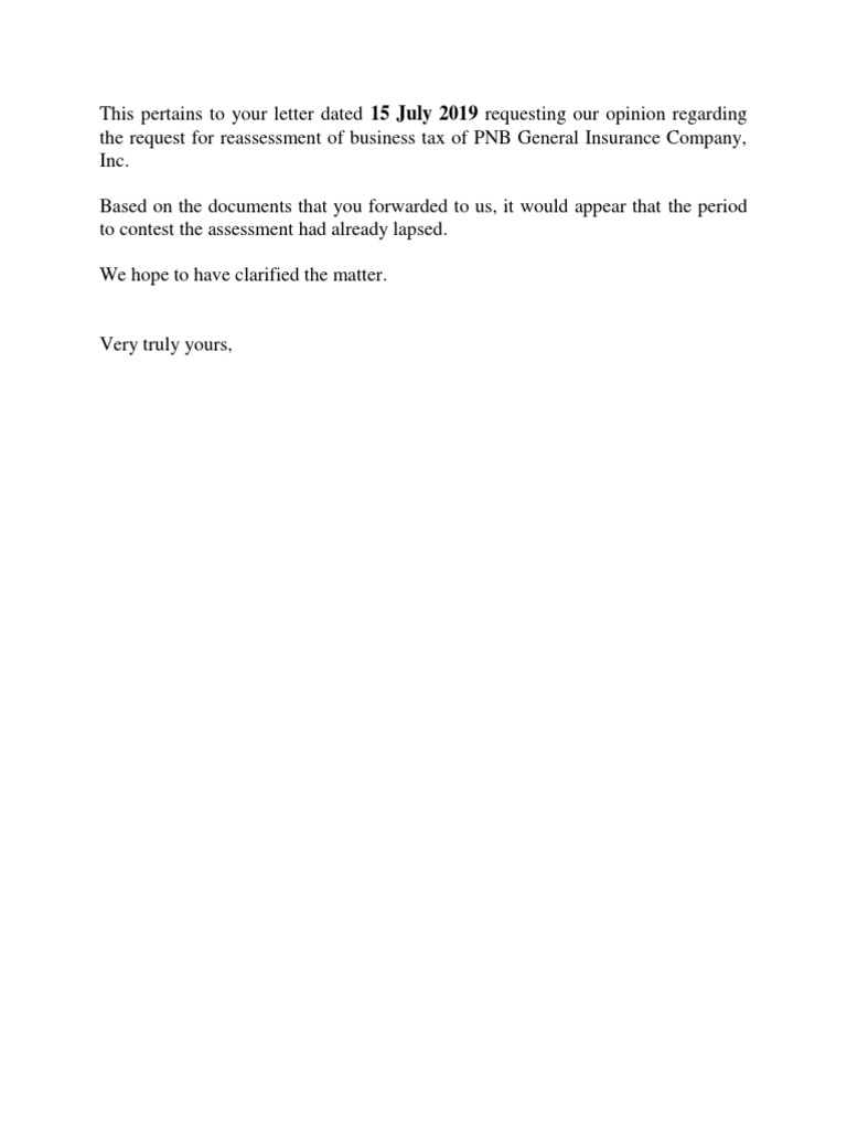 Response Letter Declining Request for Reassessment of Business Tax Due ...