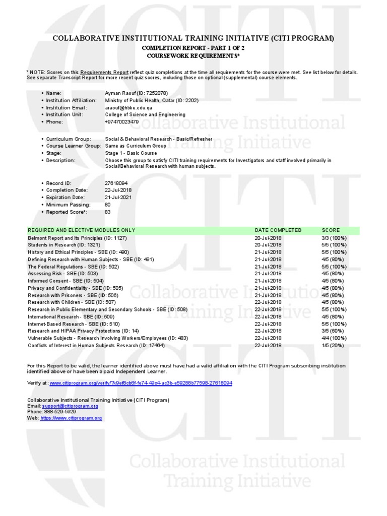 CITI Completion Report | Download Free PDF | Curriculum | Applied Ethics
