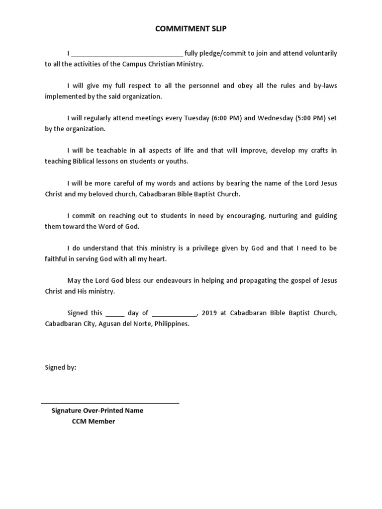 Commitment Slip: Signature Over-Printed Name CCM Member | PDF