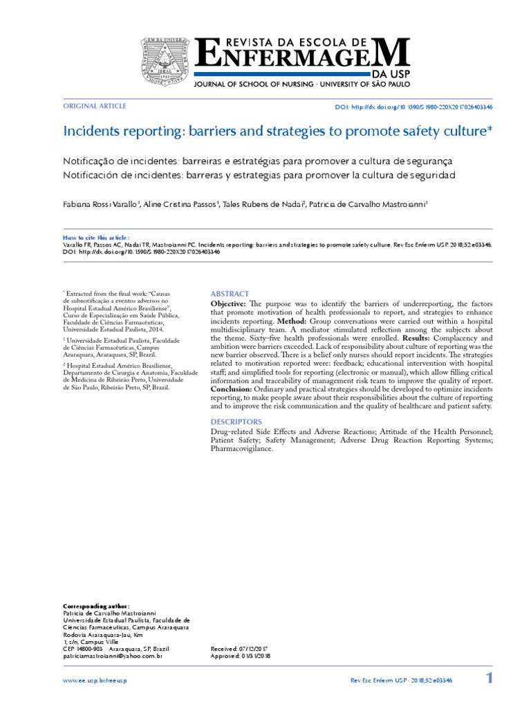 Incidents Reporting: Barriers and Strategies To Promote Safety Culture ...