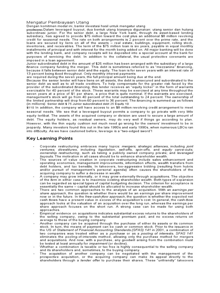 Mengatur Pembiayaan Utang: Key Learning Points | PDF | Loans | Mergers And Acquisitions
