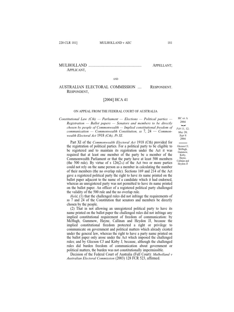 220 CLR 181 | PDF | U.S. State | Elections