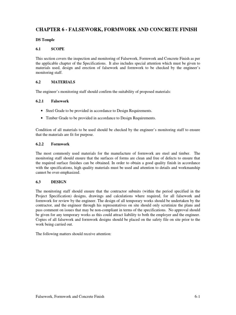 Chapter 6 - Falsework, Formwork and Concrete Finish: DS Temple 6.1 ...