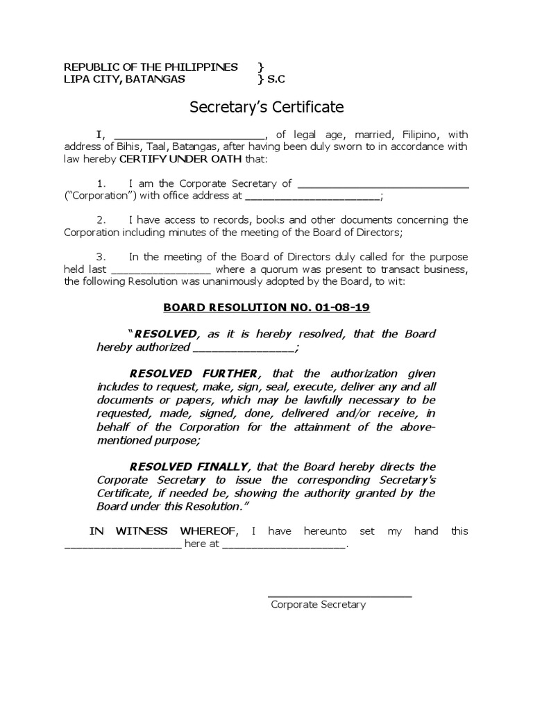 Secretary's Certificate: Republic of The Philippines) Lipa City ...