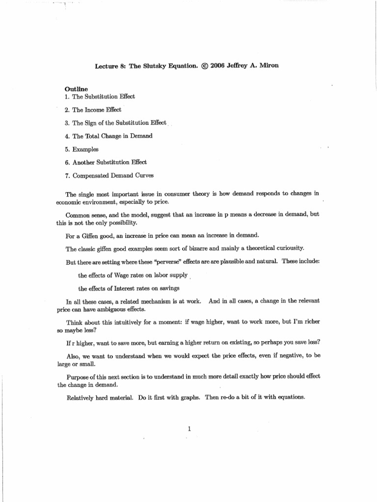 Lecture 8 The Slutsky Equation | PDF