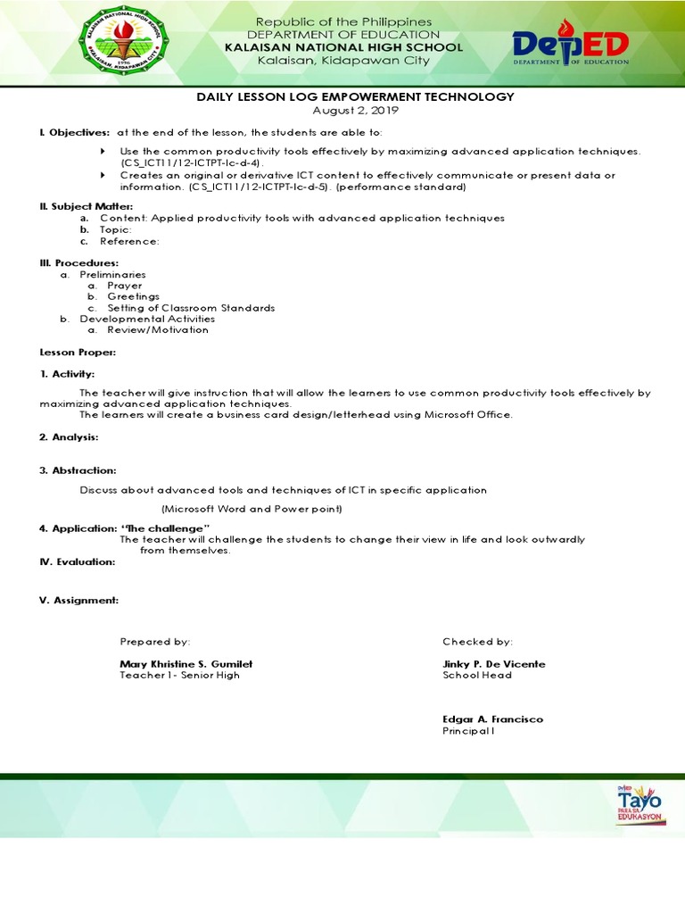 Daily Lesson Log Empowerment Technology: August 2, 2019 | PDF