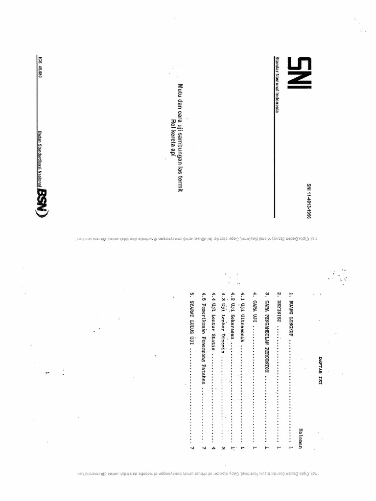 SNI 11-4013-1996 Mutu Dan Cara Uji Sambungan Las Termit Rel Kereta API | PDF