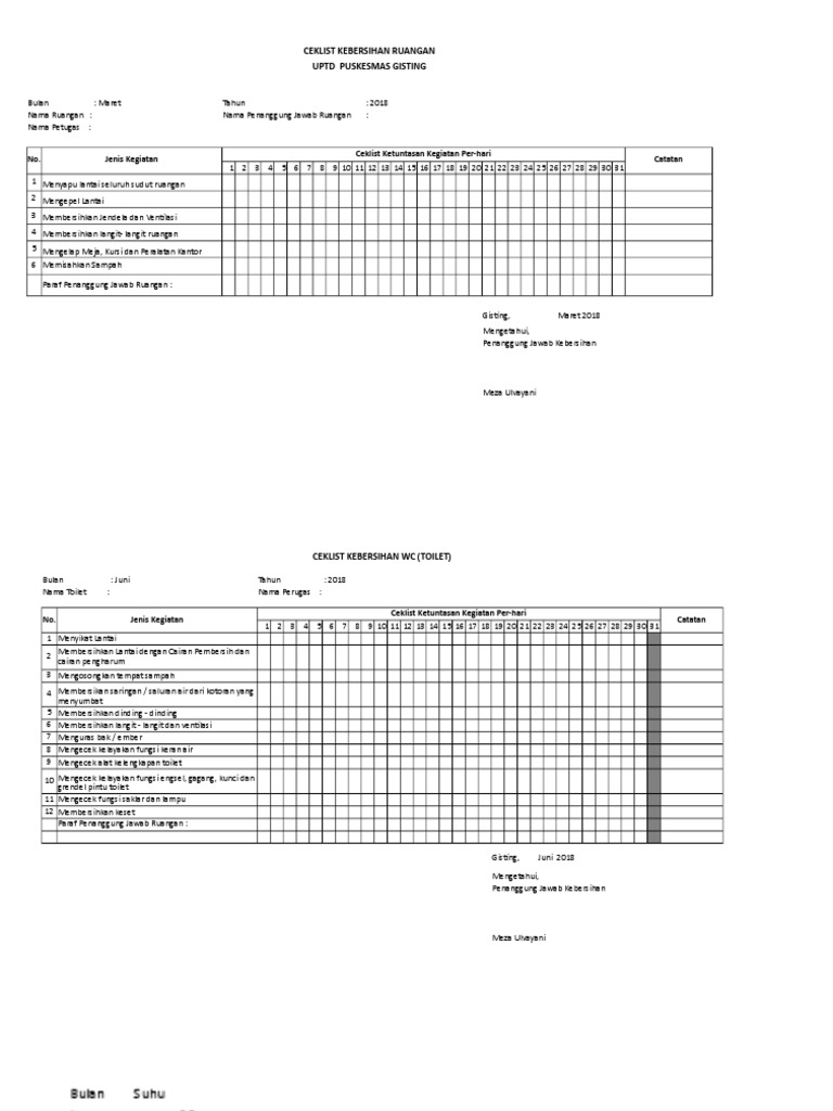 Ceklis Kebersihan Lingkungan 2018 | PDF
